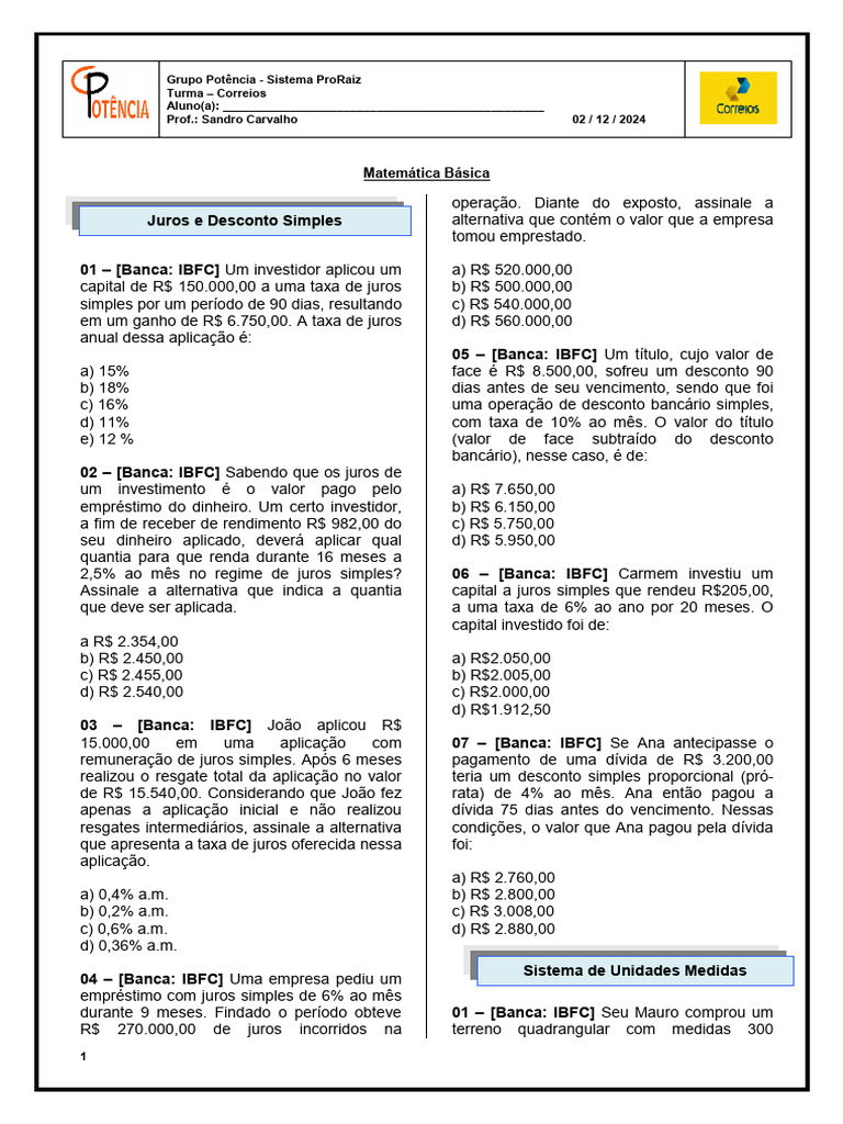 Juros e Desconto Simples e Sistema de Medidas CORREIOS 02 12 2024 | PDF ...
