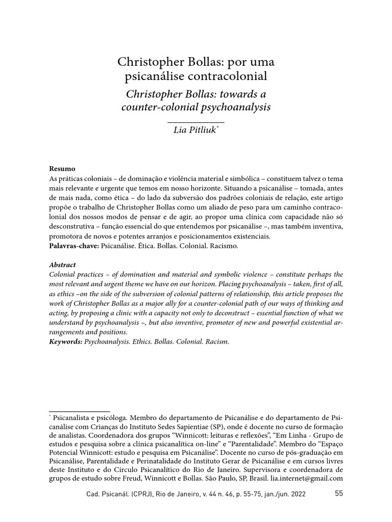 Por Uma Psicanalise Contracolonial BOLLAS | PDF | Mente inconsciente | Pensamento