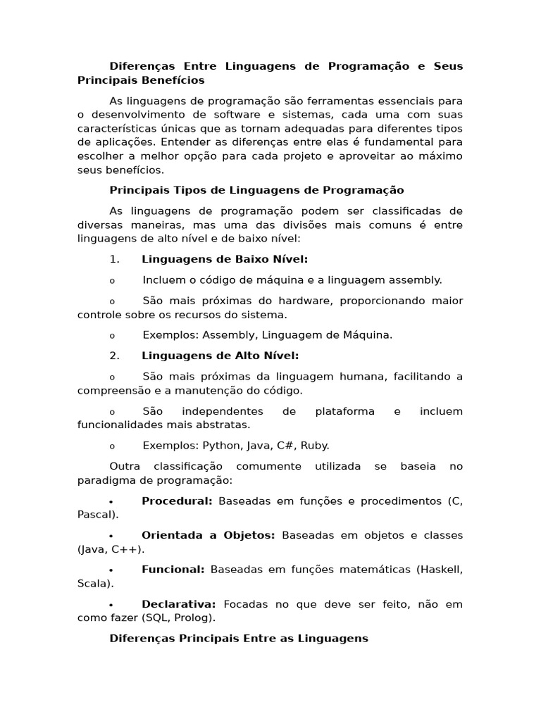 Diferenças e Benefícios das Linguagens de Programação | PDF | Linguagem ...
