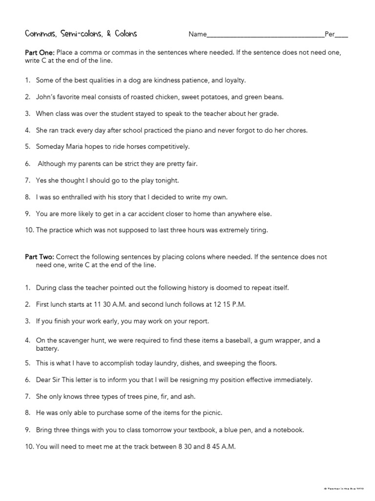 CommasSemicolonsandColonsReviewWorksheetandQuizMiddleorHighSchool-1 | PDF