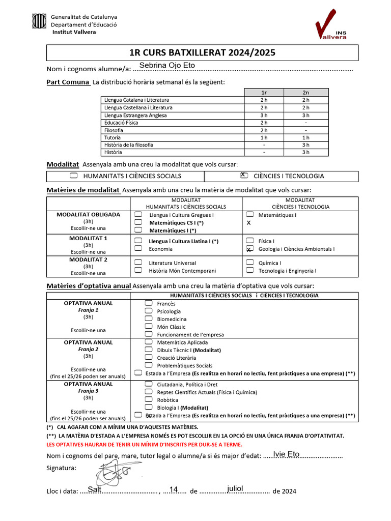 2 Full Materies Modalitat I Optatives de 1r Curs Batxillerat 24-25 - SECRETARIA - Signed | PDF