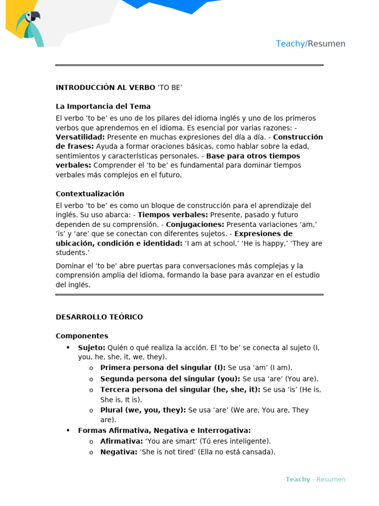 Resumen de Verbos Introduccion al Verbo to Be (1) | PDF | Verbo ...