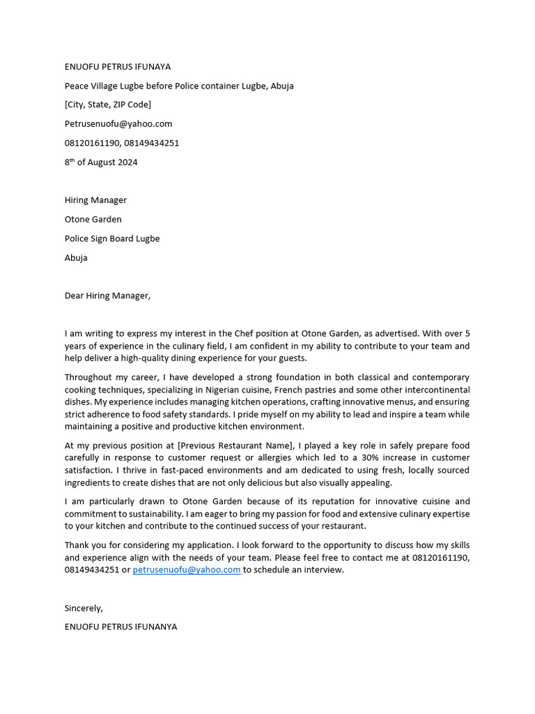 Cover Letter For Chef Position | PDF