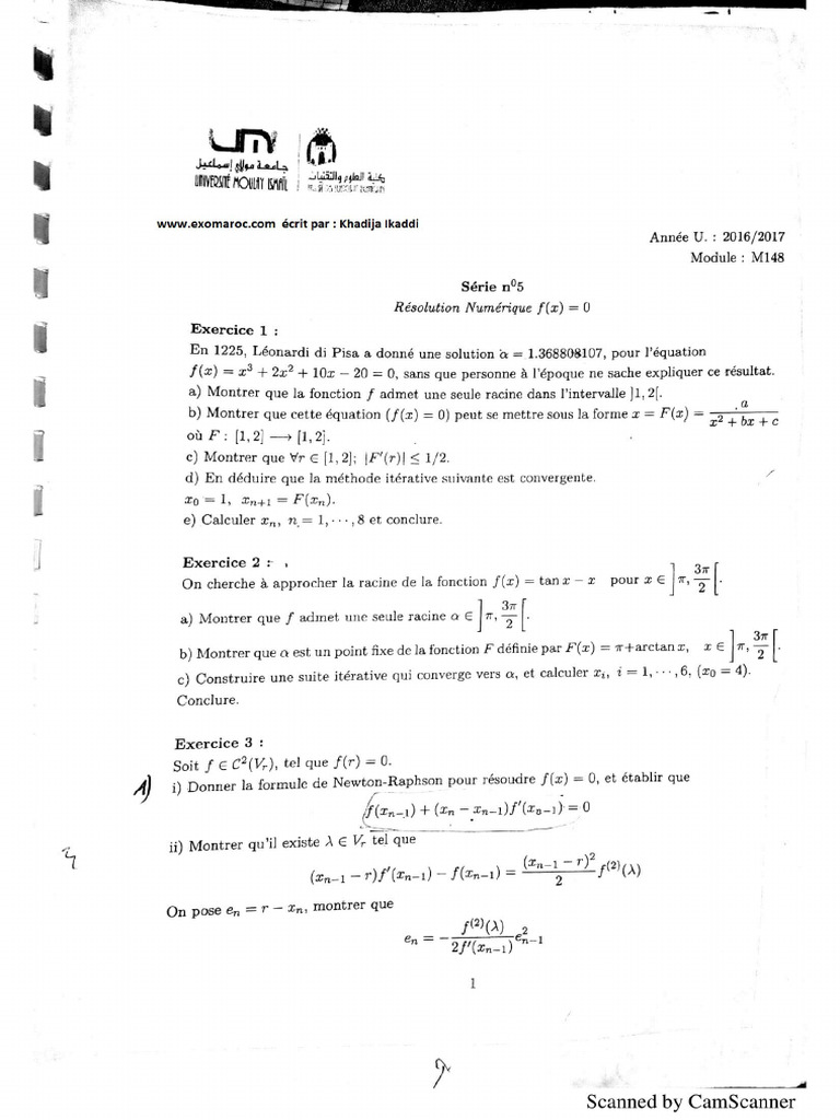 TD Corrigés Résolution Approchée D'équations Non Linaires Exomaroc | PDF