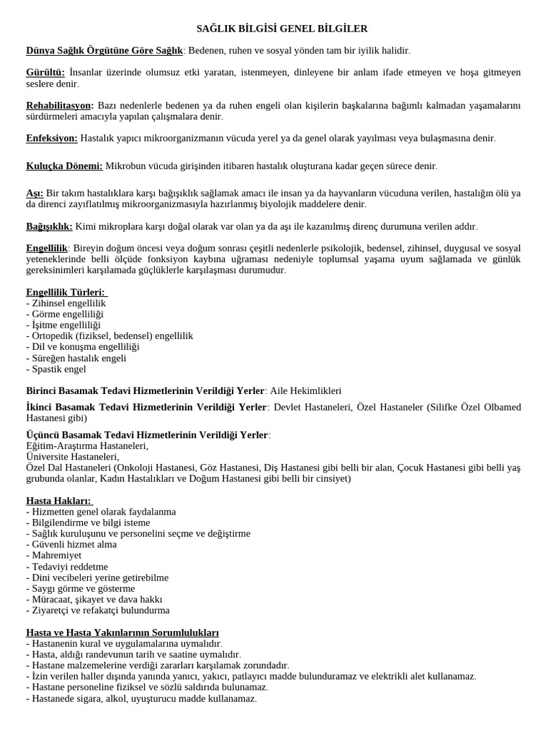 Sağlık Bilgisi Genel Bilgiler | PDF
