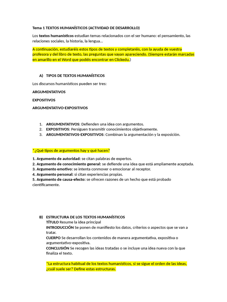 Tema 1 Textos Humanisticos Alumnos | PDF | Ensayos | Argumento