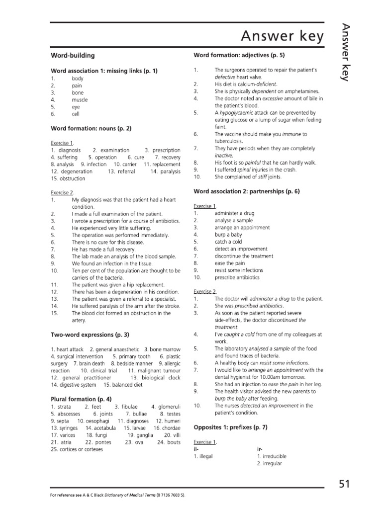 Medical Vocabulary Exercises - ANSWER KEY | PDF