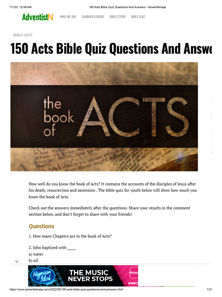 Acts Bible Quiz: 150 Questions & Answers | PDF | Paul The Apostle ...