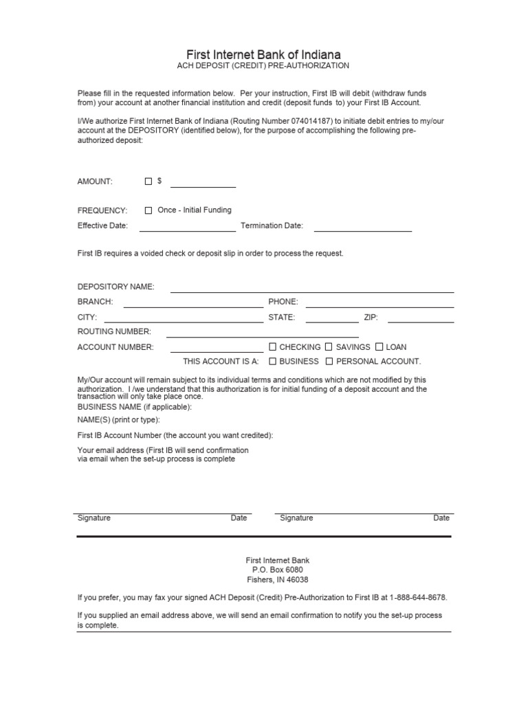 First IB ACH Deposit Authorization Form | PDF