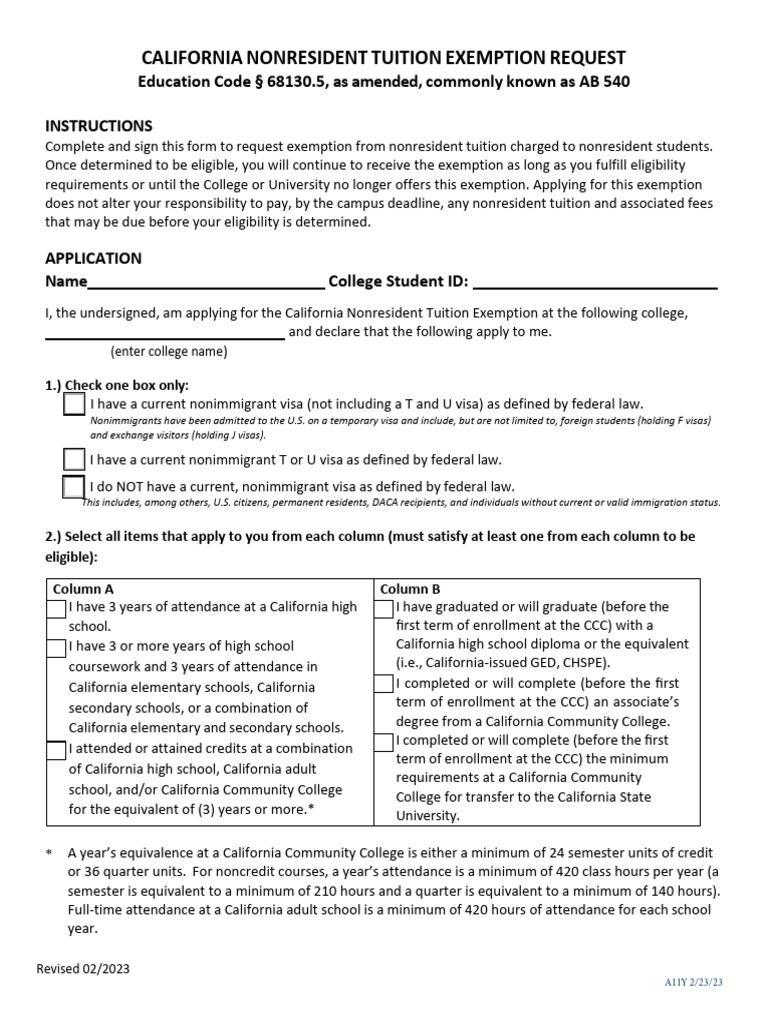 AB 540 Nonresident Tuition Exemption Form | PDF | Travel Visa