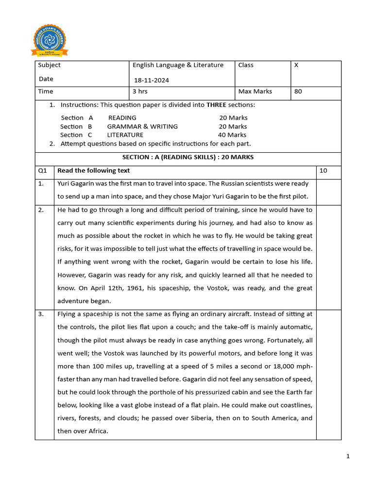 CLASS X ENGLISH Test Paper (Major) 18 Nov | PDF | Spacecraft