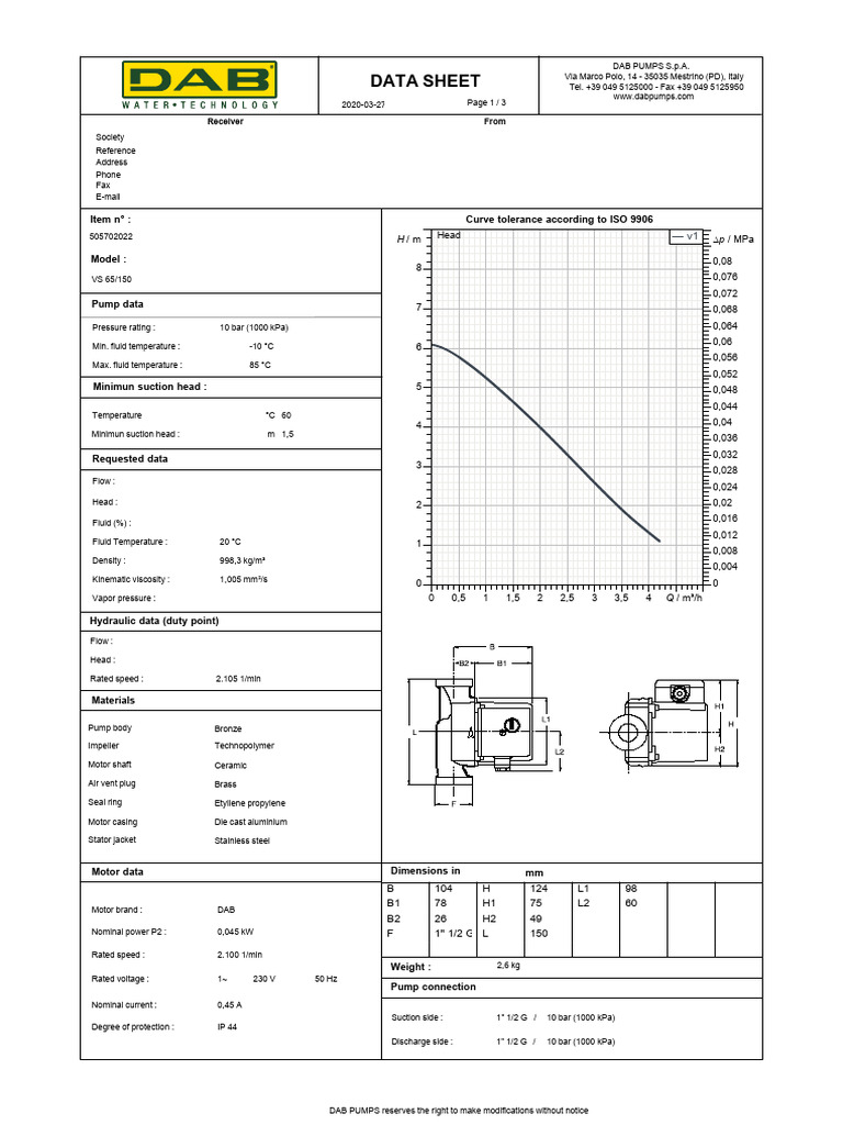 Data Sheet vs 65 150 | PDF | Pump | Chemical Engineering