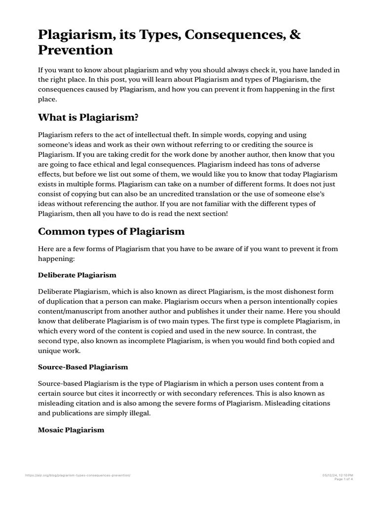 Plagiarism, Its Types, Consequences, & Prevention Guest Post | PDF ...