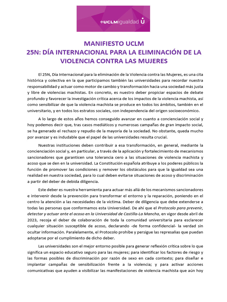 Manifesto 25N 2024 - UCLM | PDF | La violencia contra las mujeres | Violencia