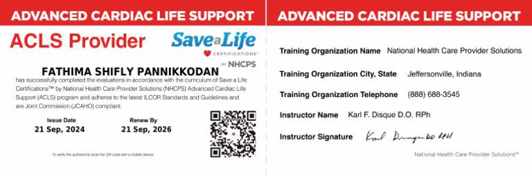 Acls Advanced Cardiac Life Support Certification Course Card | PDF