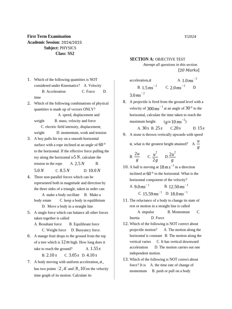 CRSS 2024 SS2 PHYSICS EXAM 1st TERM | PDF | Force | Acceleration