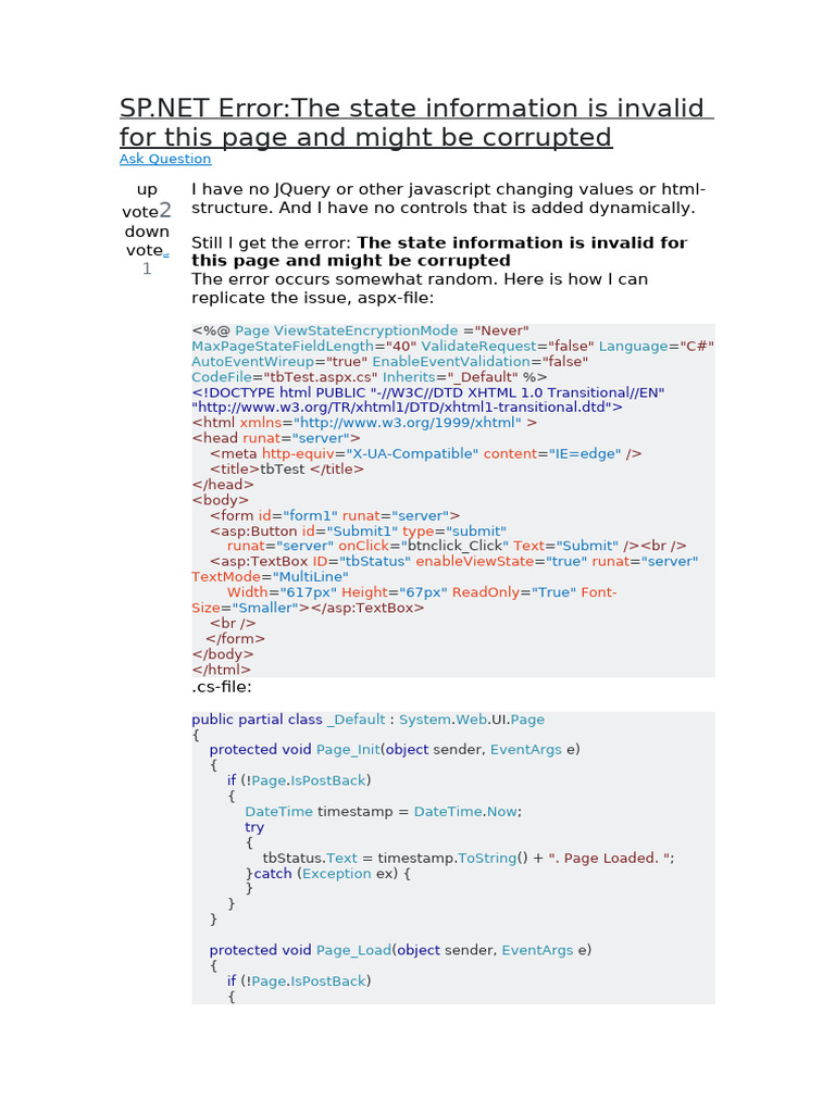 SP NET Error The State Information Is Invalid For This Page and Might Be Corrupted | PDF ...