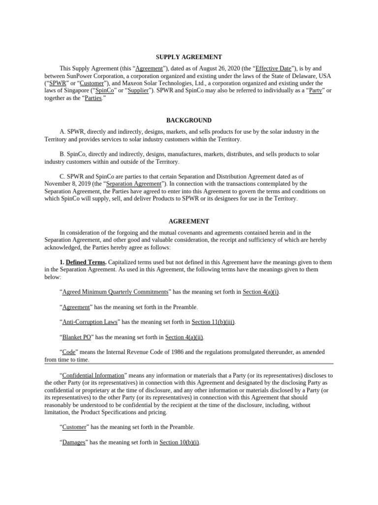 SUPPLY AGREEMENT-Sun Power | PDF | Territories Of The United States ...