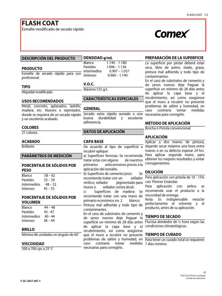 Ficha Tecnica de Puntura Flash Coat Comex | PDF | Pintar | Cemento