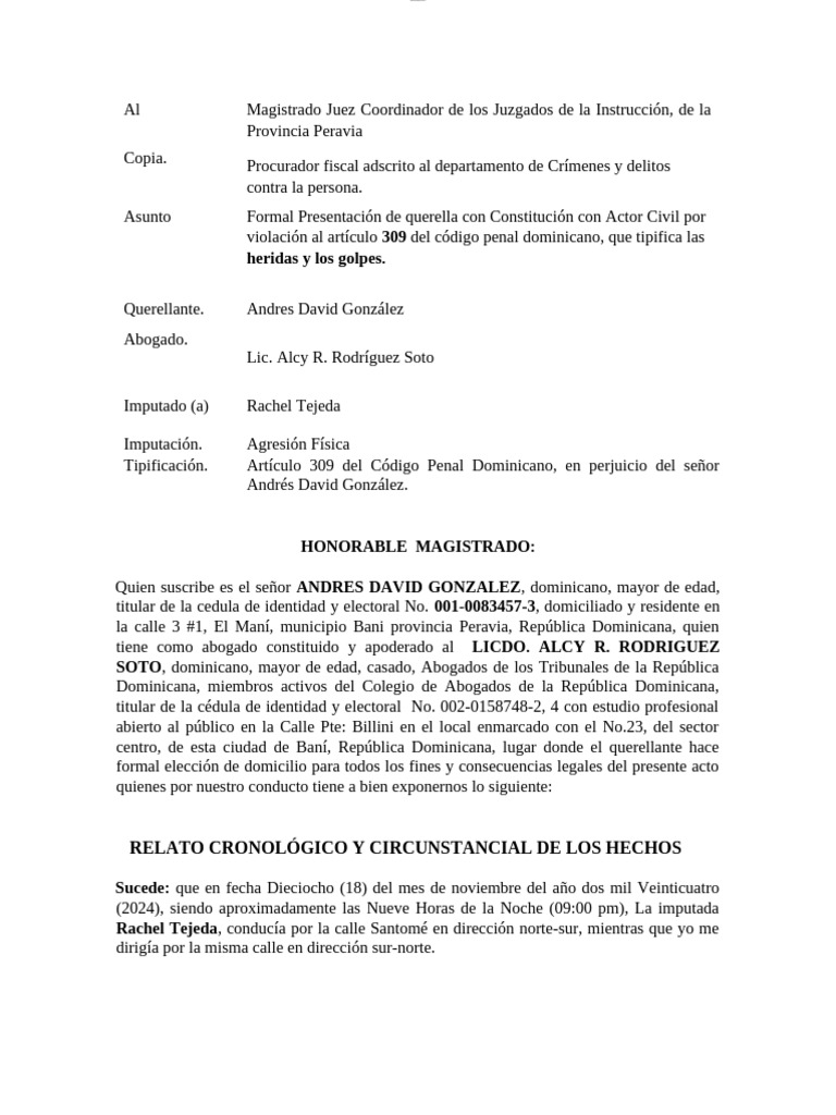 Querella Por Golpes y Heridas | PDF | Queja | Justicia