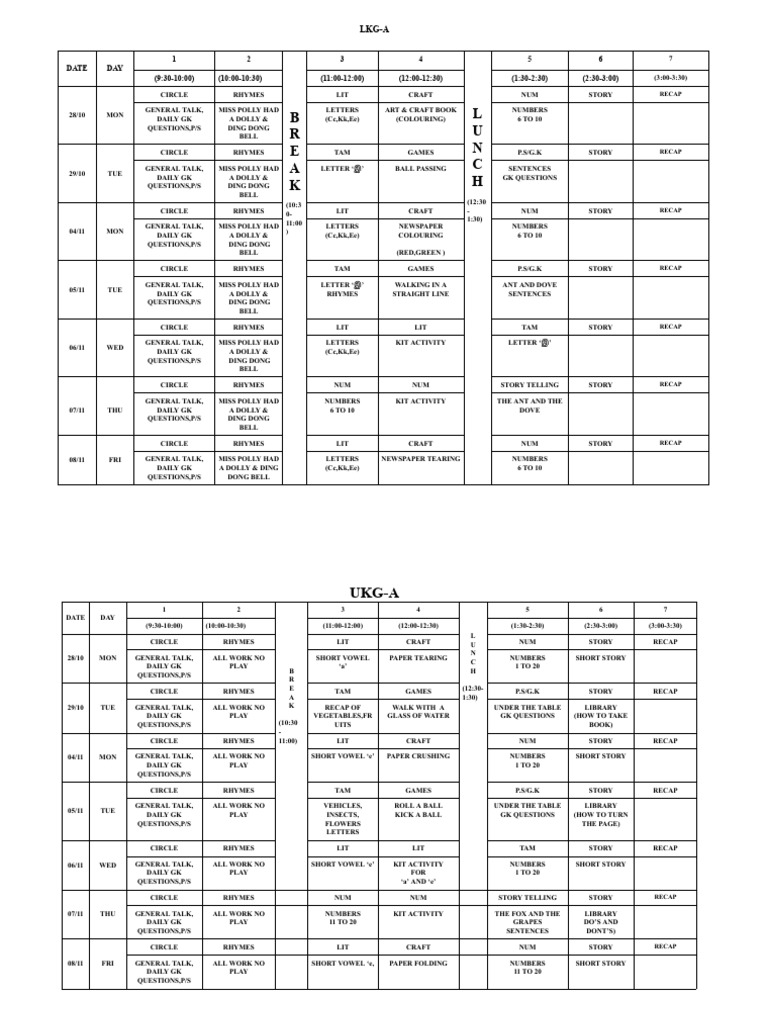 LKG & UKG Weekly Class Schedule | PDF
