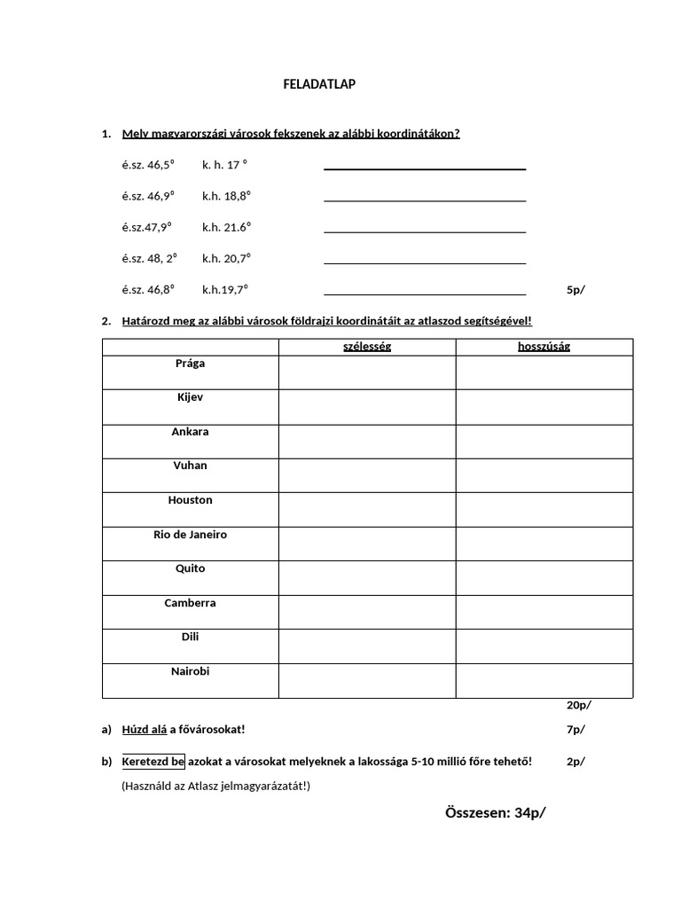 Földrajzi Fokhálózat Feladatlap | PDF