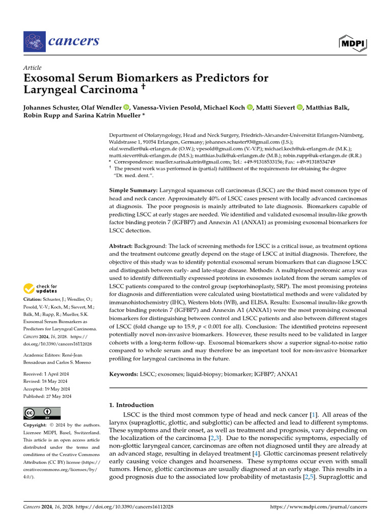 Exosomal Serum Biomarkers As Predictors For Laryng | PDF | Biomarker | Head And Neck Cancer