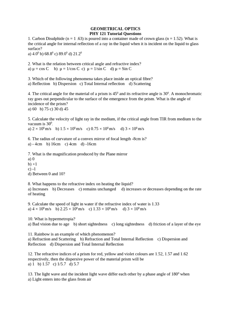 Share PHY 121 Tutorial Questions-2 | PDF | Refraction | Eye
