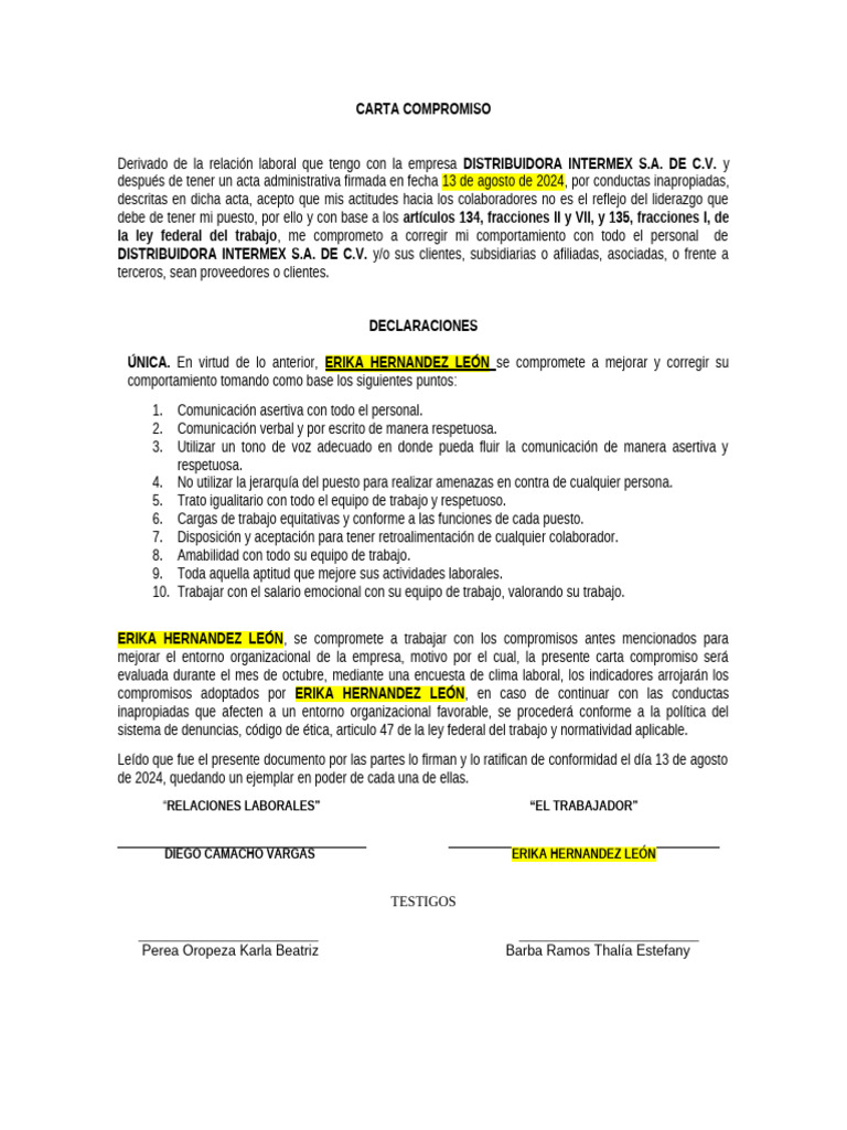 Carta Compromiso. Erika León | PDF