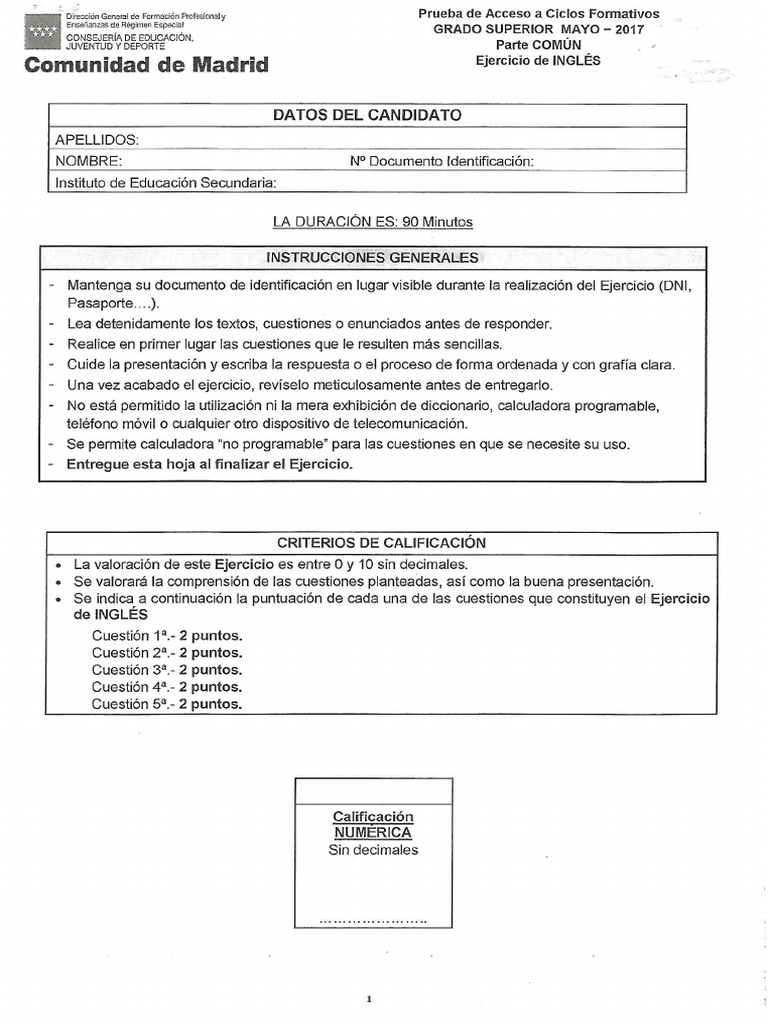 Ingles Examen Prueba Acceso Grado Superior Madrid 2017 | PDF