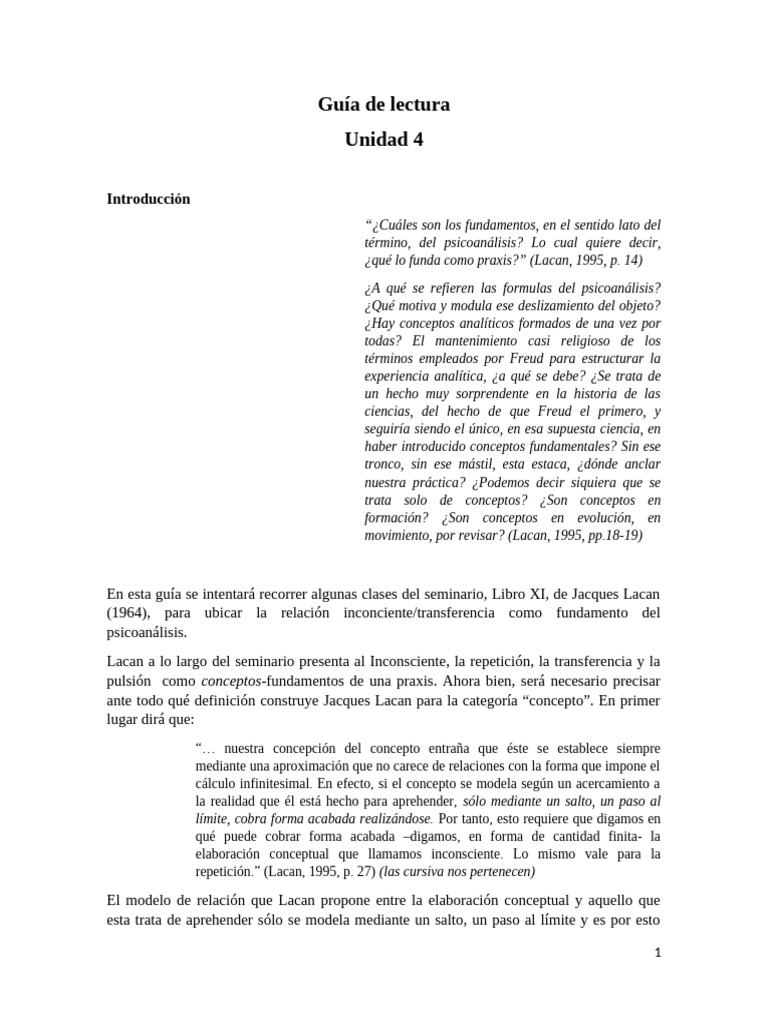 Guía de lectura Unidad 4 Año 2019 | PDF | Jacques Lacan | Mente ...