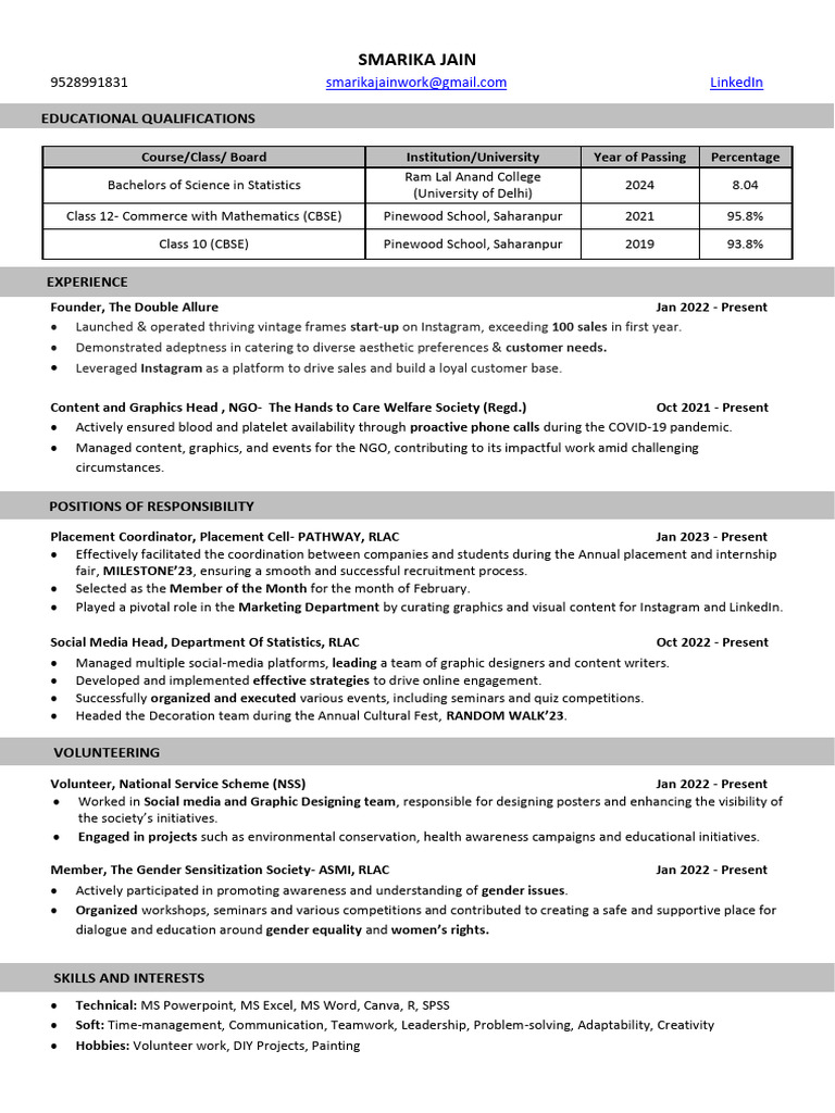 CV- Smarika Jain | PDF