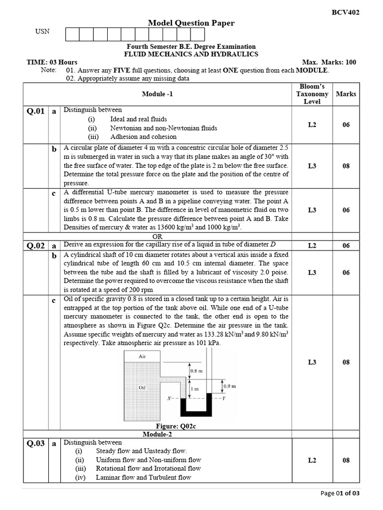 BCV402 Fluid Mechanics Model Paper | PDF | Fluid Dynamics | Pressure