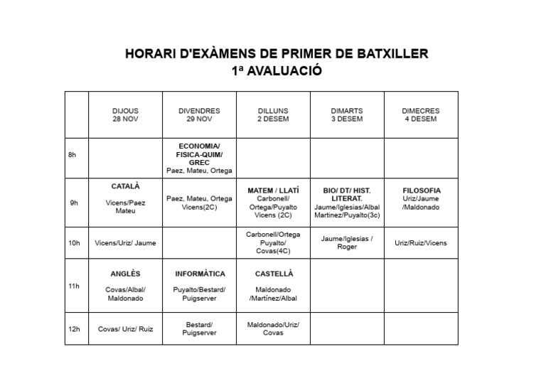 HORARI 1R BATX 1a Aval | PDF
