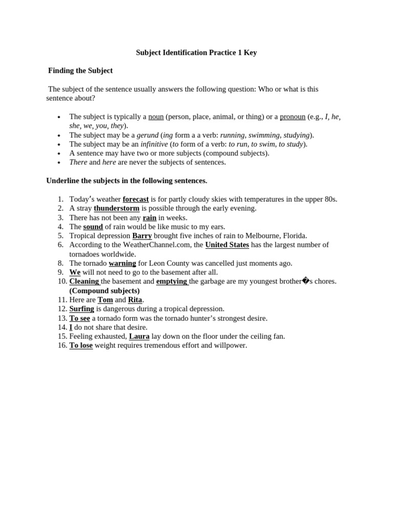 Subject Identification - Practice 1 Answer Key | PDF