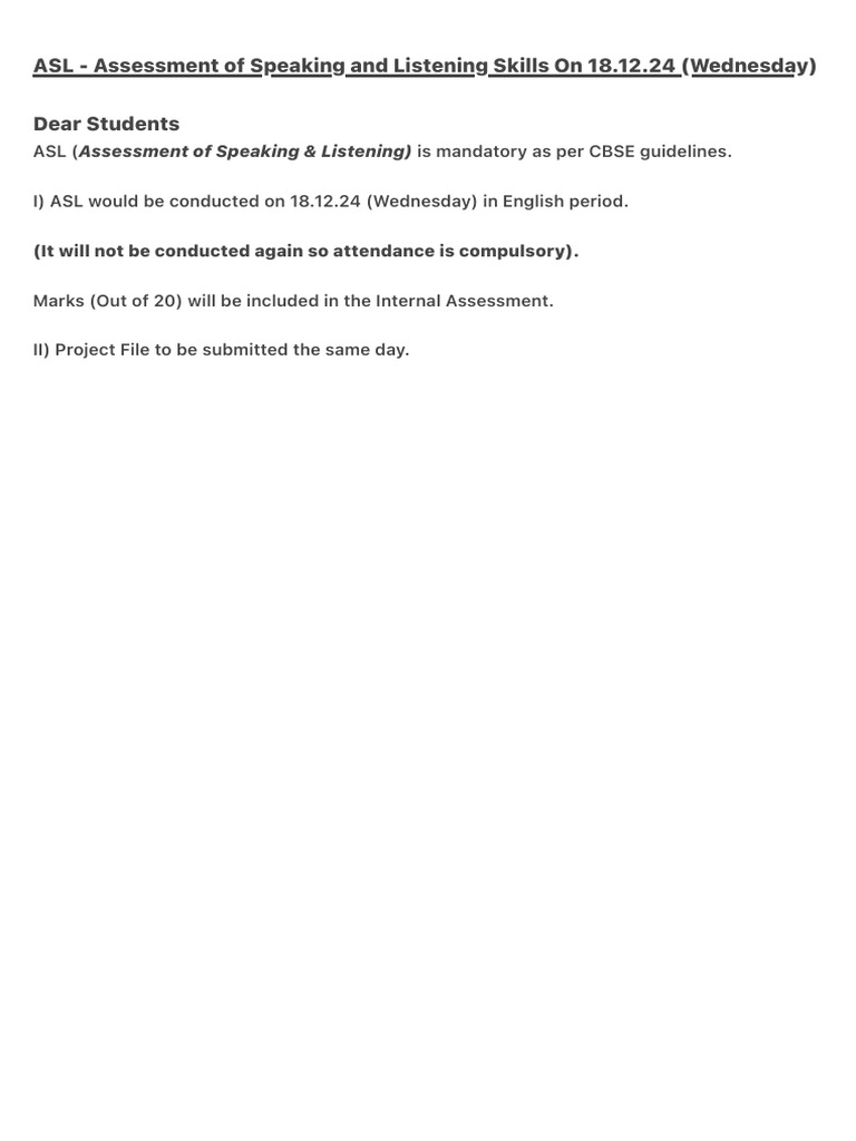 ASL - Assessment of Speaking and Listening Skills On 18.12.24 ...