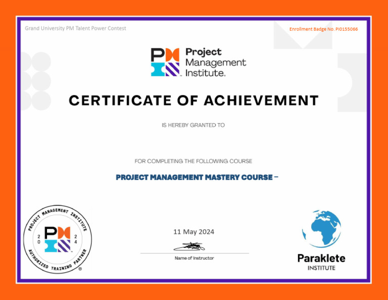 Certificate of Achievement Project Management Mastery Course | PDF