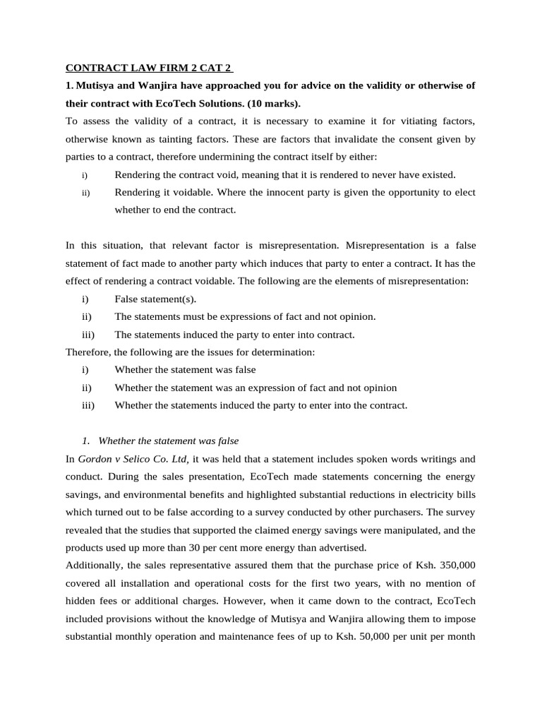 Contract Law Cat 2 Pdf Misrepresentation Business Law