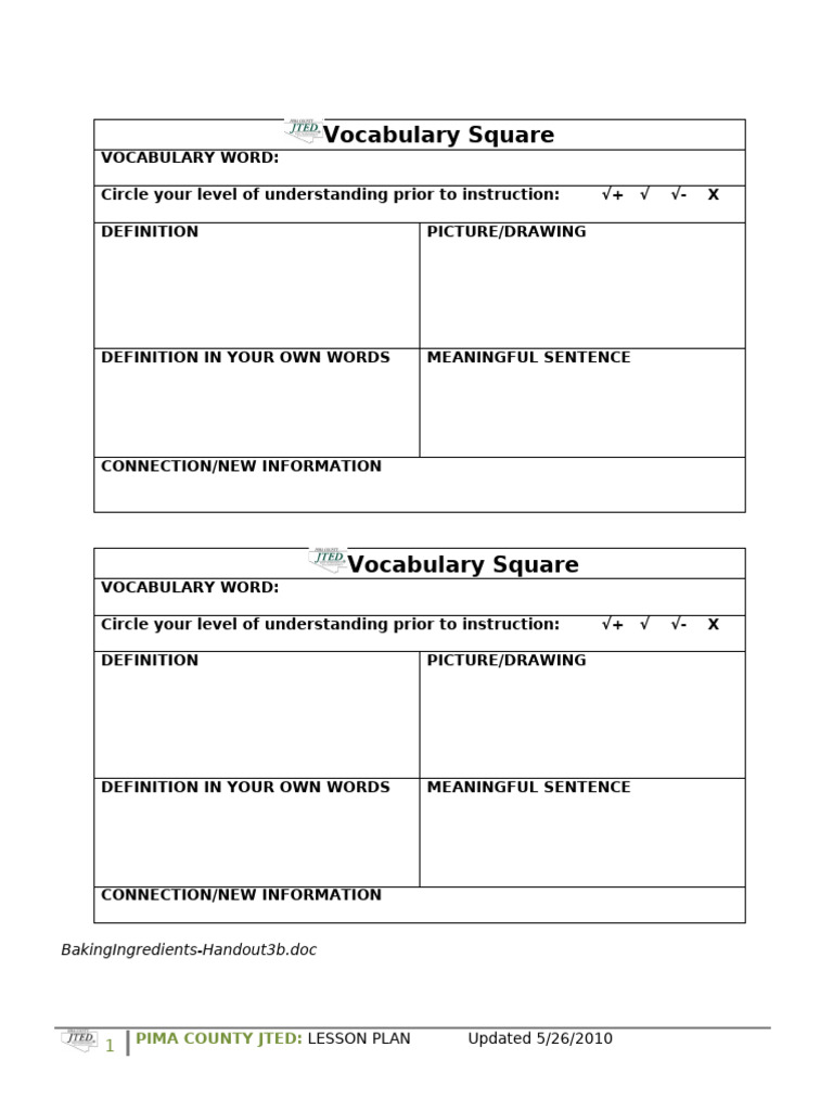 Cream Puffs Vocabulary Squares | PDF | Vocabulary | Psycholinguistics