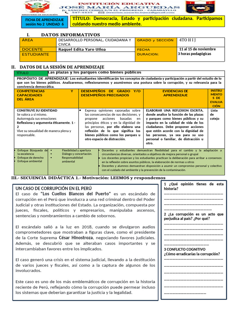 DPCC Ficha de aprendizaje-UNIDAD 6 Sesión 2 | PDF | Valores | Policía