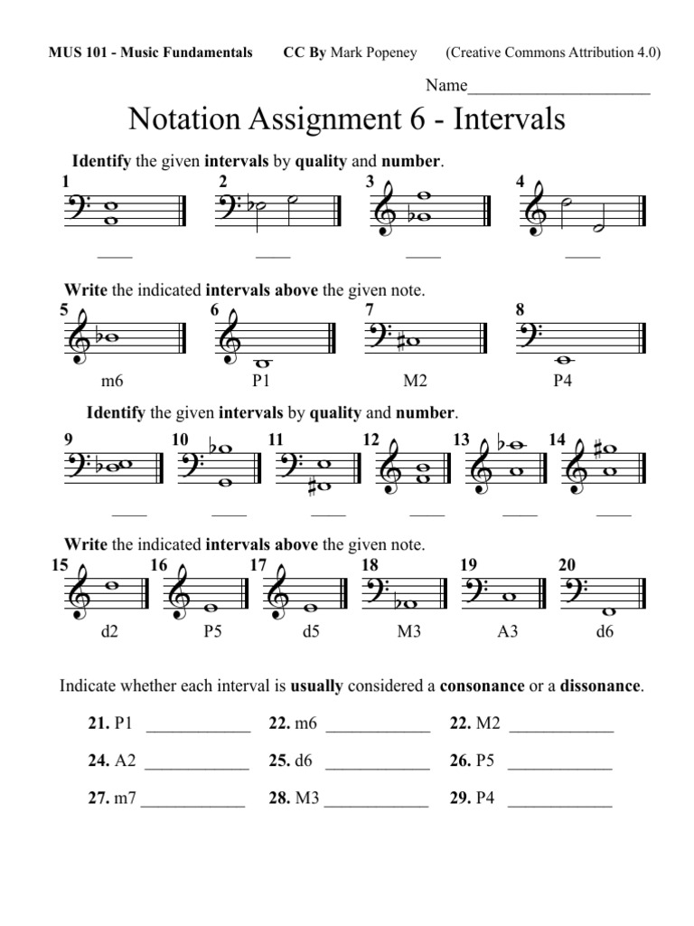 MUS 101 - Notation Assignment 6 - Intervals | PDF