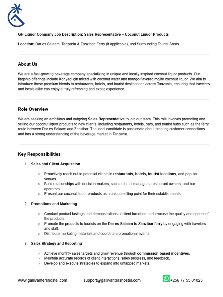 Job Description - Sales Representative - Coconut Liquor Products | PDF ...