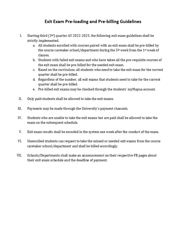Exit Exam Pre-loading Guidelines | PDF