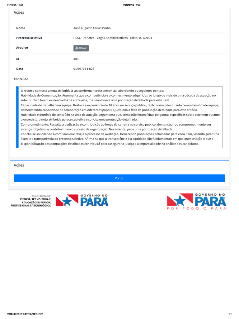 Recurso de Avaliação - PSSC Pronatec 2024 | PDF