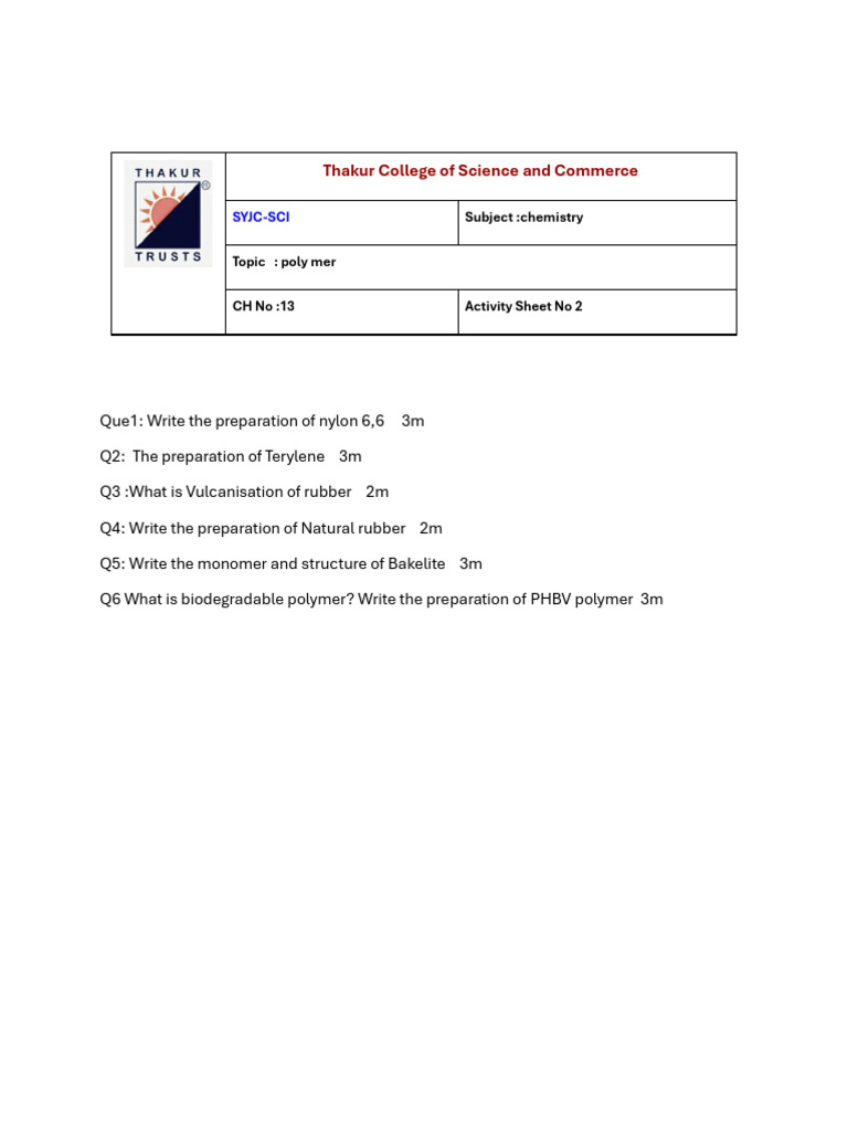 Polymer Chemistry Activity Sheet | PDF