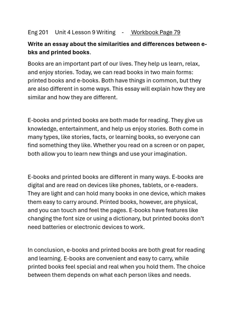 A Compare-Contrast Essay (E-Boks and Printed Books) | PDF