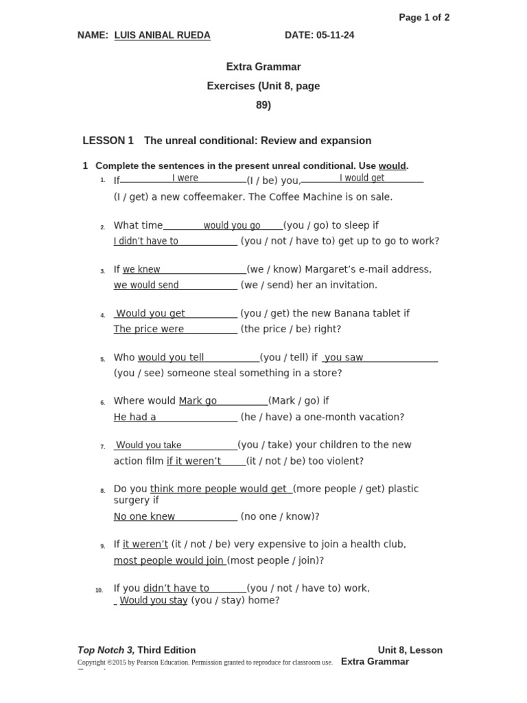 UNIT 08 Extra Gram Exercises | PDF