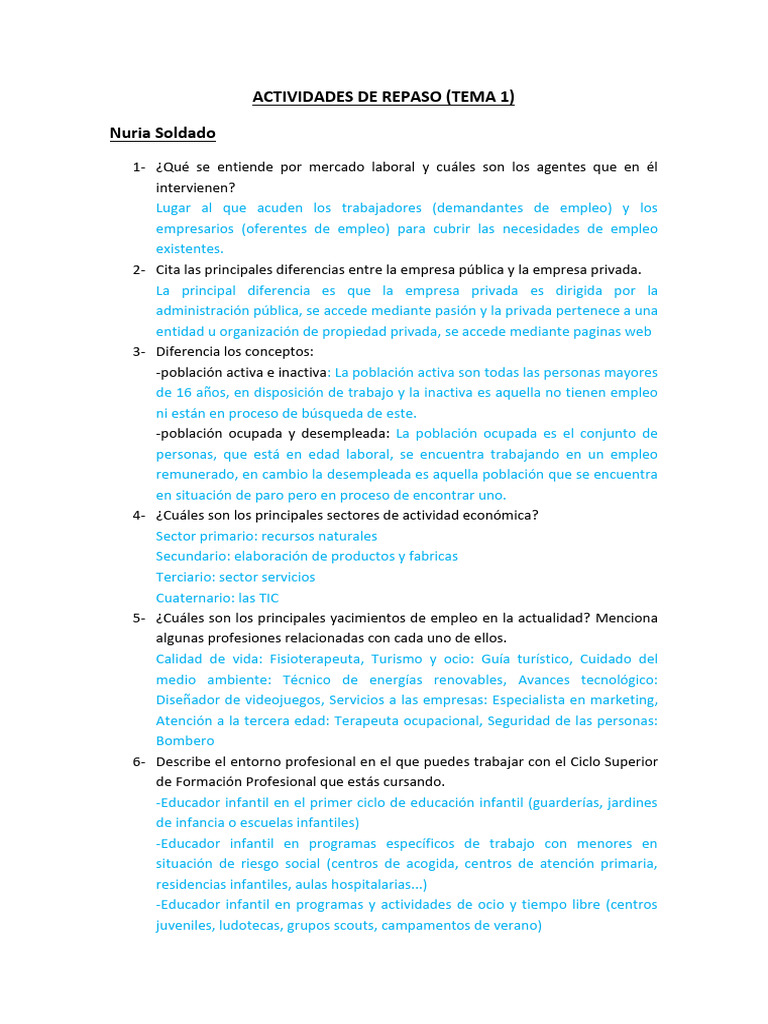 Actividades de Repaso T.1 | PDF | Empleo | Maestros