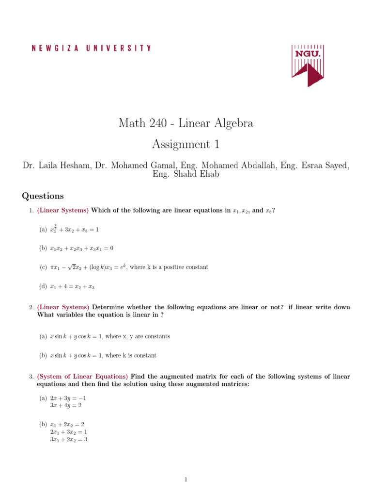 Math 240 Linear Algebra Assignment 1 | PDF | Applied Mathematics | Mathematical Objects