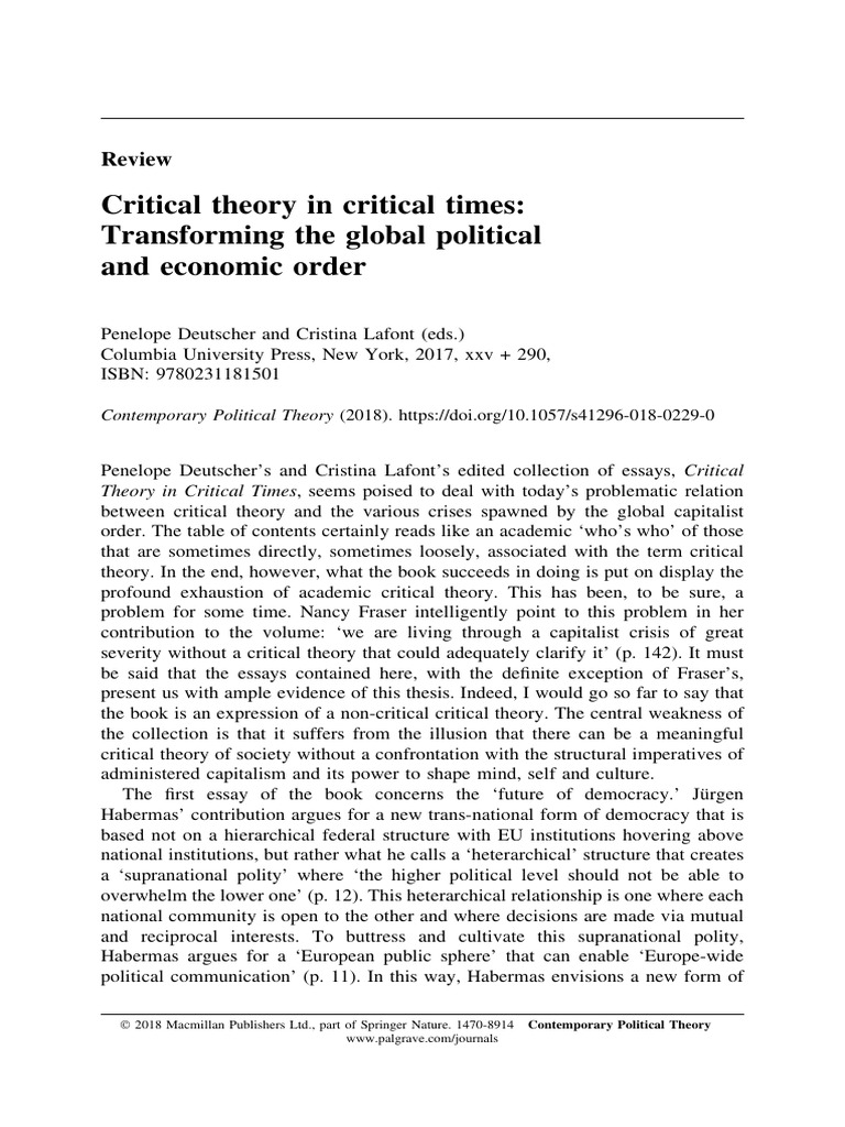 Review Critical Theory in Critical Times | PDF | Critical Theory ...